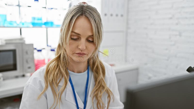 Focused Blonde Woman in a White Lab Coat Working in a Bright Laboratory ...
