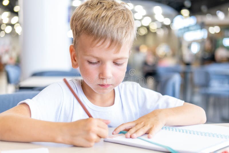 A Focused Boy Doing Homework, Writing Text in a Notebook at the Table ...