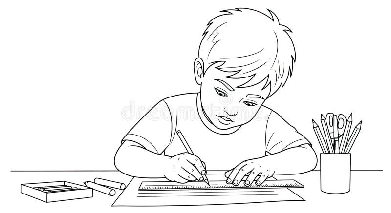 Focused Boy Drawing Lines with a Ruler in 3D Animation Style Coloring ...