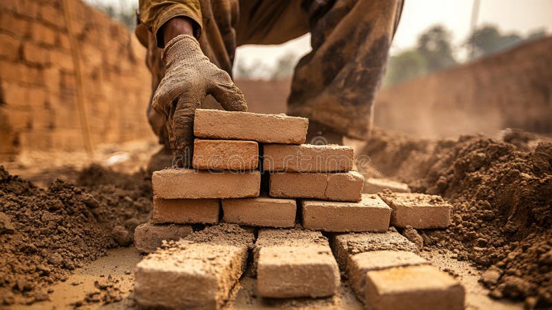 Focused Bricklayer Organizing Bricks at a Construction Site Stock ...