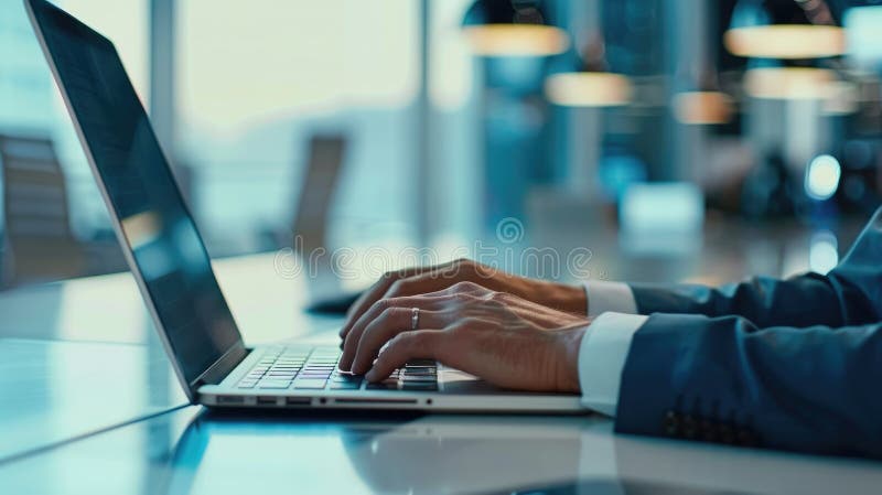 Focused Business Professional Typing on Laptop in Modern Office Setting ...