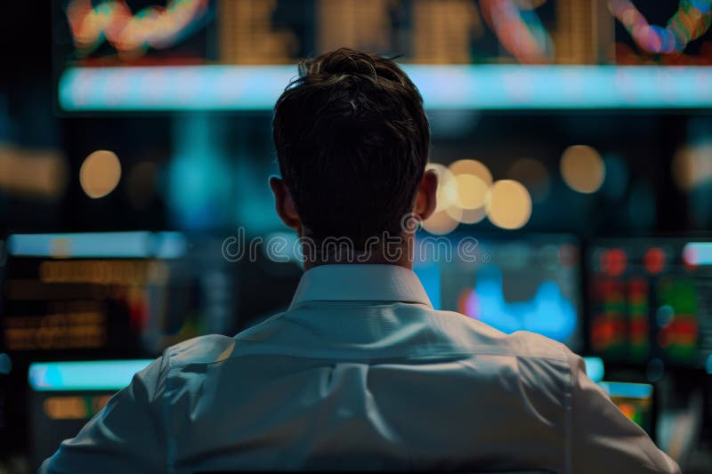 Businessman Analyzing Financial Data Charts Computer Monitors Dark ...