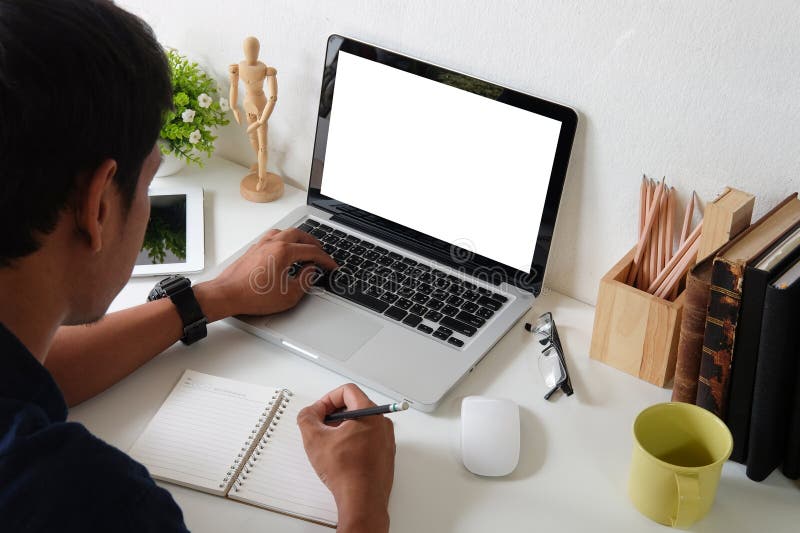 Focused Businessman Using Laptop Computer at Bright Modern Office Stock ...