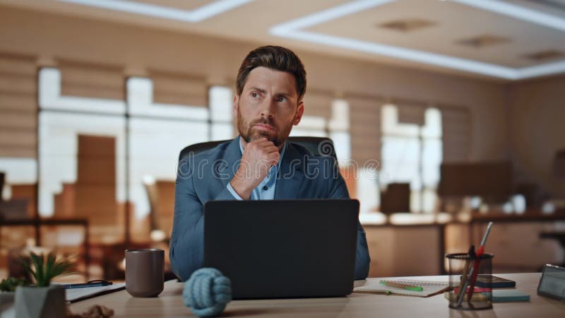 Focused Businessman Working Laptop Panoramic Office Closeup. Boss ...