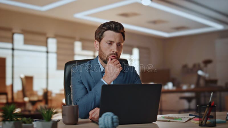 Focused Businessman Working Laptop Panoramic Office Closeup. Boss ...