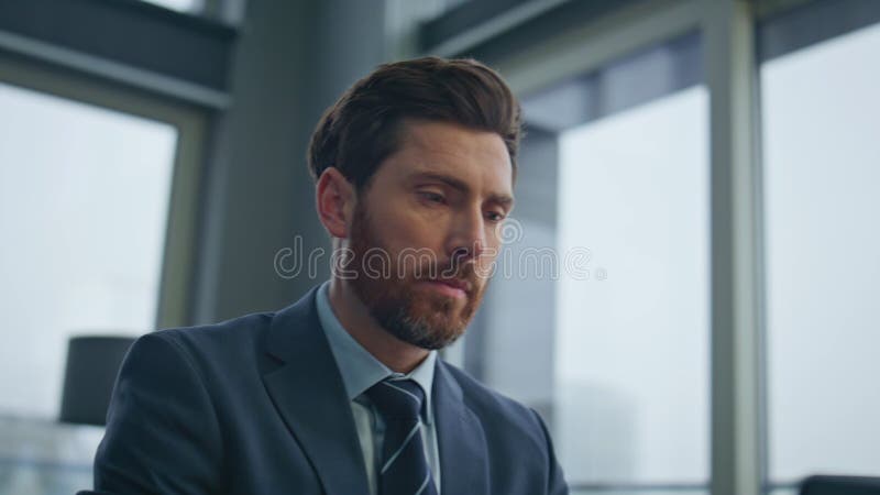 Focused Businessman Working Laptop at Panoramic Office Closeup. Ceo ...