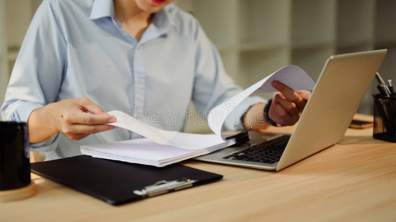 Business Owner Reviewing Documents Laptop Focused Workspace Stock ...