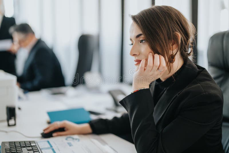 Focused Businesswoman Working on Computer in a Professional Office ...
