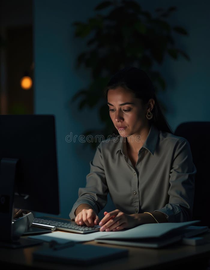 Focused Businesswoman Working Late at Night in Dark Office Using ...