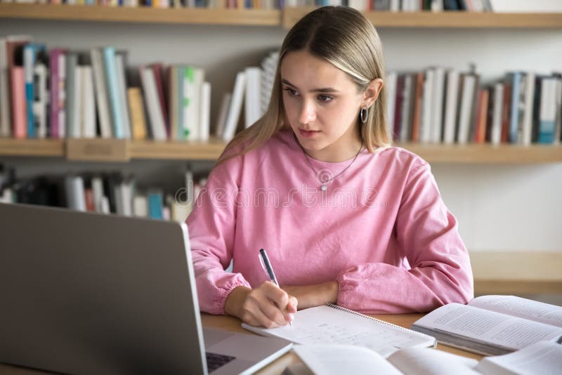 Focused Busy Intelligent Young Student Girl Watching Learning Webinar ...