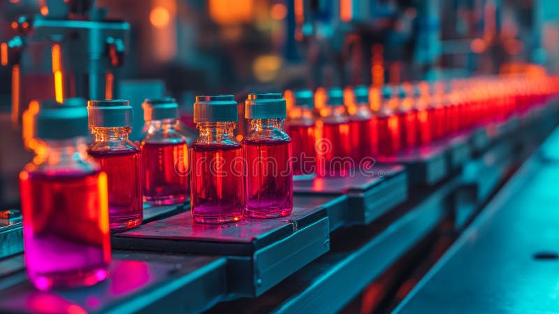 A Focused Capture of Red Liquid-filled Vials Moving Along a Conveyor ...