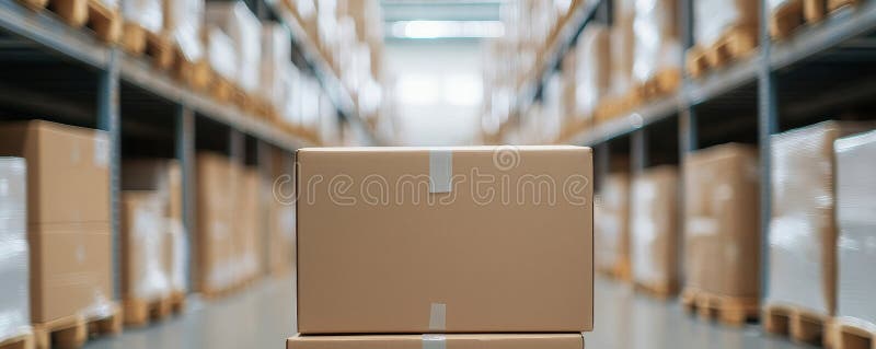 A Focused Cardboard Box in a Warehouse Aisle Surrounded by Stacked ...
