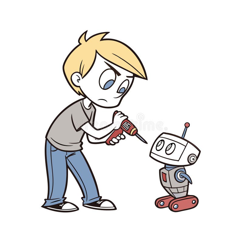 Focused Cartoon Boy Building a Robot Stock Illustration - Illustration ...
