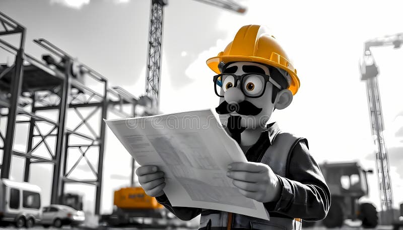Cartoon Engineer with Blueprint at Construction Site Stock Illustration ...