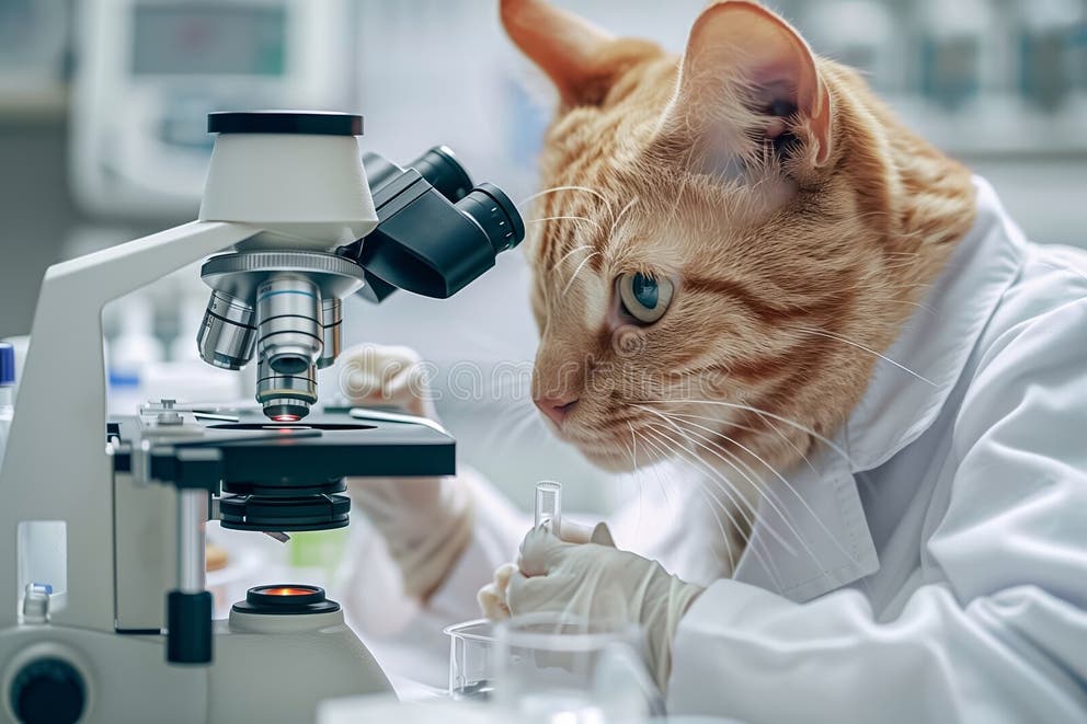 Focused Cat Examining Samples Under a Microscope in a Lab Stock Photo ...