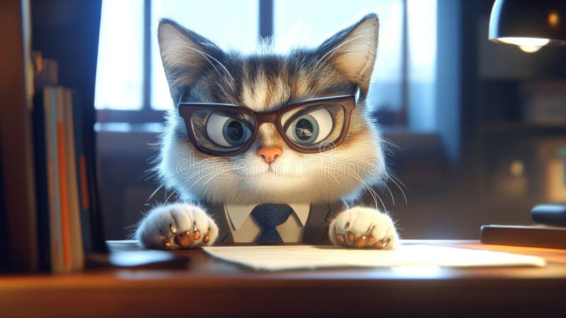Focused Cat in Suit Working at Desk Stock Illustration - Illustration ...