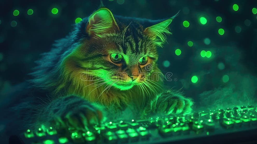 Focused Cat Typing on Glowing Keyboard in Neon Green Light Stock Photo ...