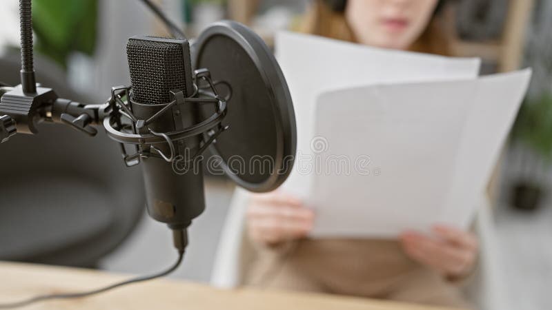 Focused Caucasian Woman Records Audio in Modern Radio Studio with ...