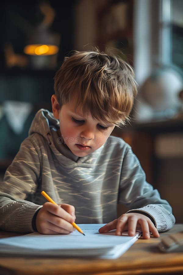 Focused Child Working on Homework at Home Stock Illustration ...