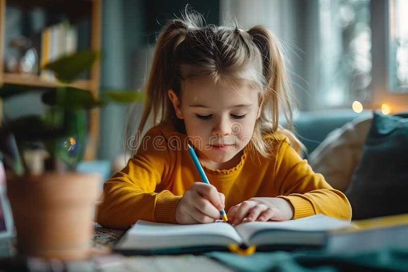 Focused Child Working on Homework at Home Stock Illustration ...