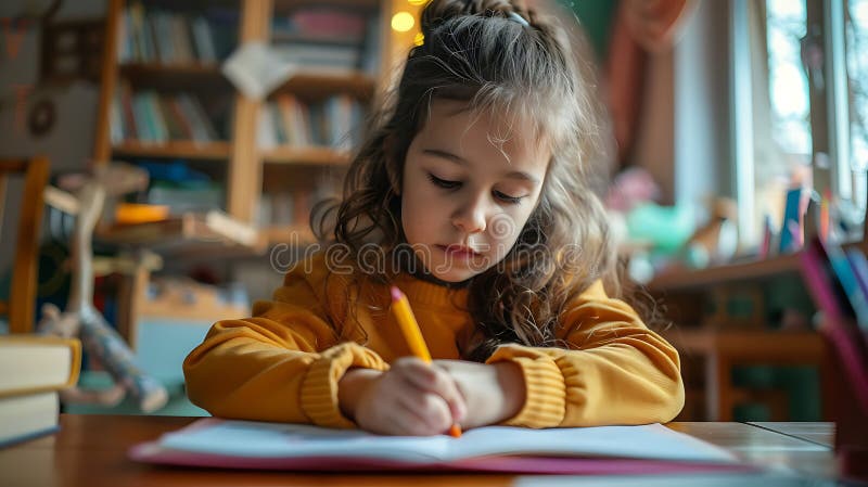 Focused Child Working on Homework at Home Stock Illustration ...