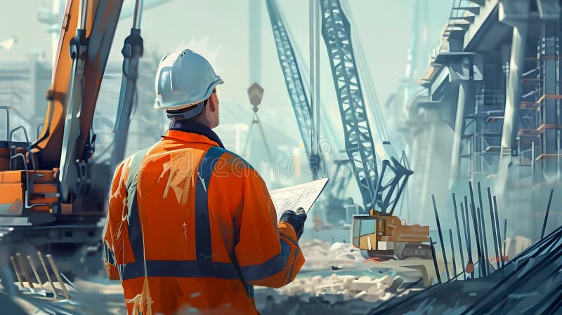 Focused Civil Engineer Surveying Bustling Construction Site Analyzing ...