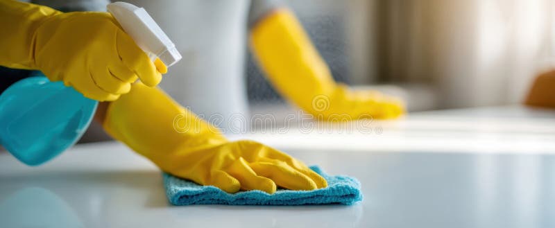 The Focused Cleaning Action Using a Spray Bottle and Cloth on a Surface ...