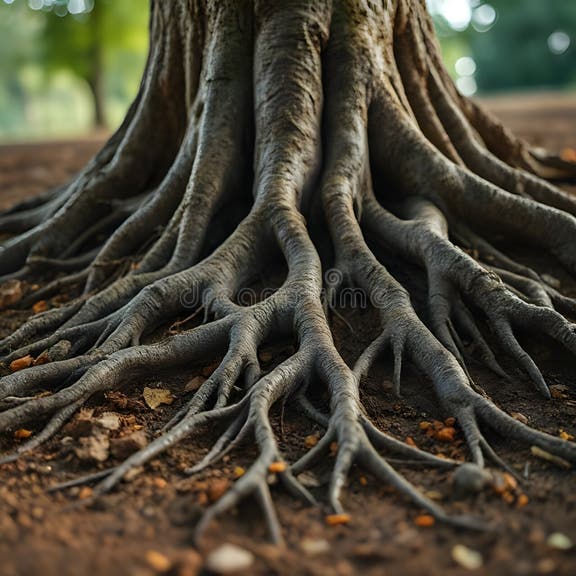 Focused Close-Up of a Tree Root System Emerging from the Ground AI ...