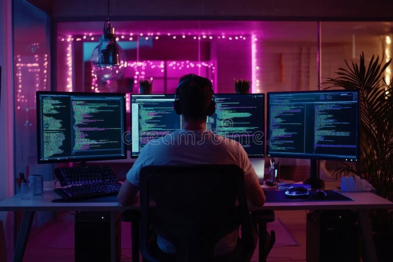 A Focused Coder Works In A Neon Lit Office Multiple Screens Display Coding And Programming