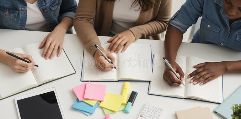 Focused Collaboration: Diverse Students Engaging in Note-Taking Stock Illustration ...