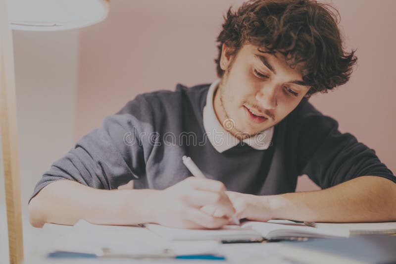 Focused College Student Studying at Home with a Book and Notebook Stock ...
