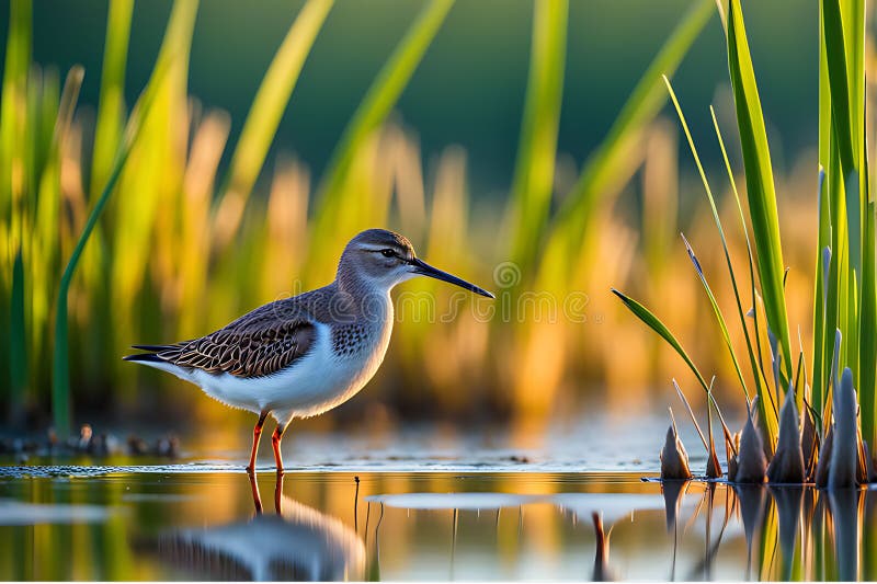Focused Common Sandpiper Wading through Serene Wetland, Reflection ...