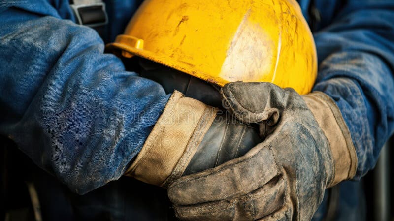 A Focused Construction Worker in Blue Overalls and a Yellow Hard Hat ...