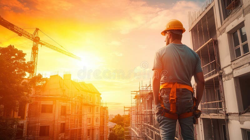 A Focused Construction Worker Gazes Over a Bustling Construction Site ...