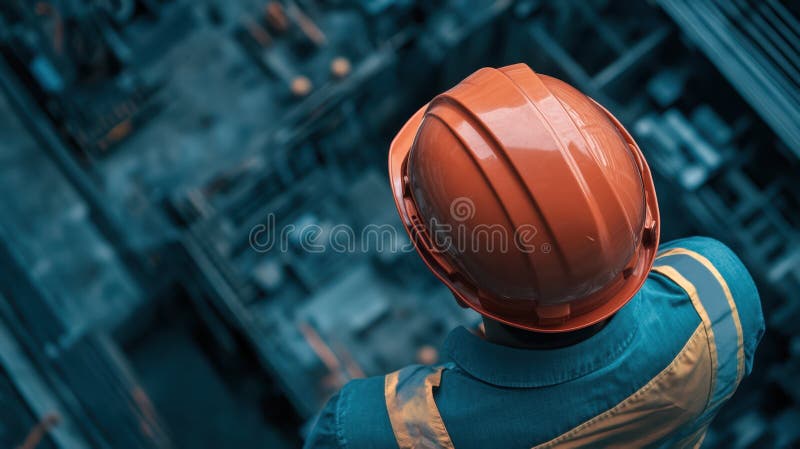 A Focused Construction Worker in a Hardhat Observes a Factory ...