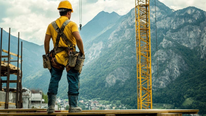 A Focused Construction Worker Stands Confidently on a Platform, with a ...