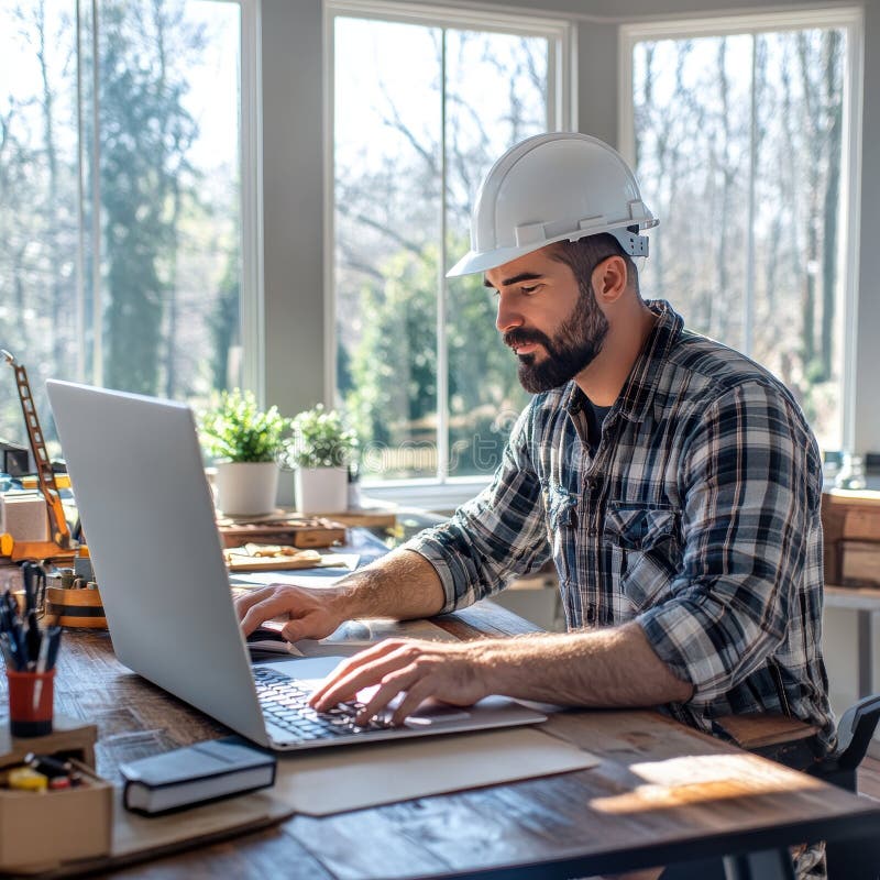 A Focused Construction Worker Using a Laptop in a Well-lit Workspace ...