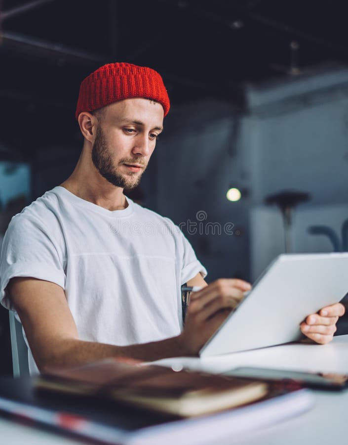 Focused Creative Hipster Man Drawing on Tablet Stock Image - Image of ...