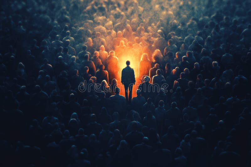 Focused Crowd Scene with Single Illuminated Figure. Neural Network AI ...