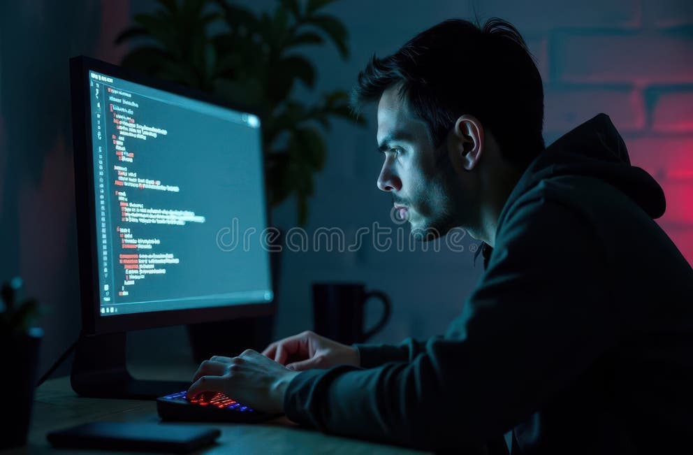 Focused Cybersecurity Professional Utilizing AI while Coding at Night Stock Photo - Image of ...