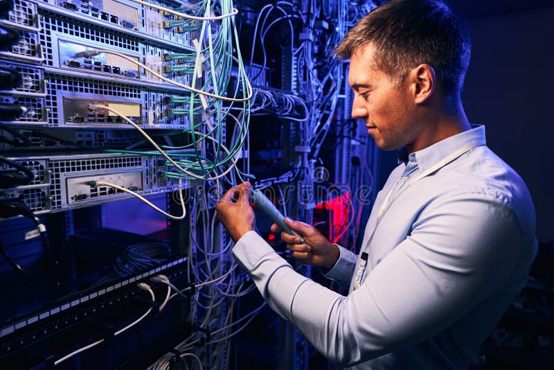 Focused Data Center Employee Checking Cabling Infrastructure Stock ...