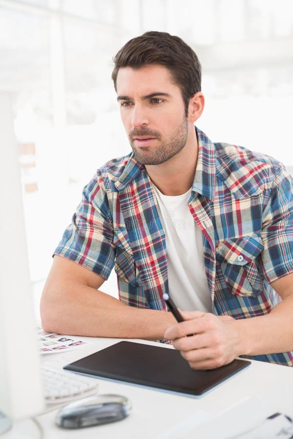 Focused Designer Using Computer and Digitizer Stock Image - Image of ...