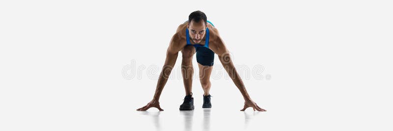 Focused and Determined Man, Runner Standing at Starting Line, Ready To ...