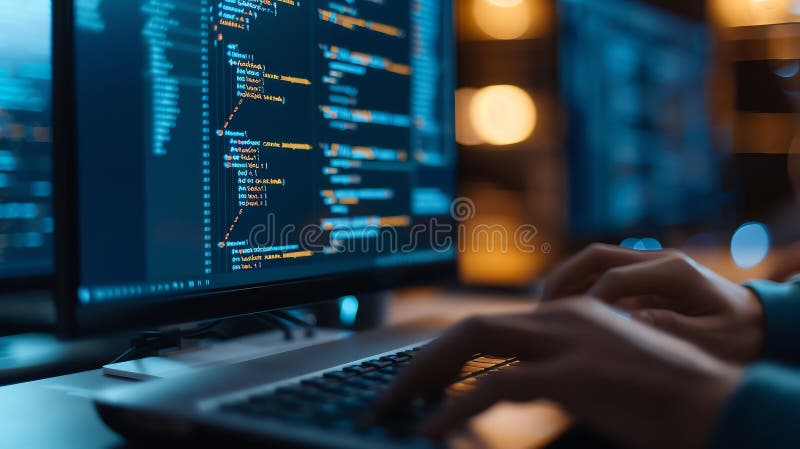 Focused Developer Coding on Laptop with Glowing Screen, Showcasing ... Focused Developer Coding on Laptop with Glowing Screen, Showcasing ...