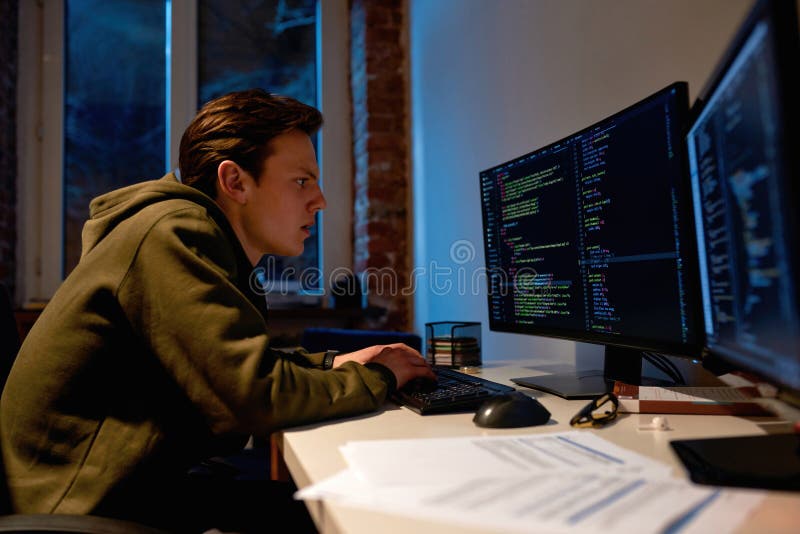 Focused it Developer Watching on Computer Monitor Stock Image - Image ...