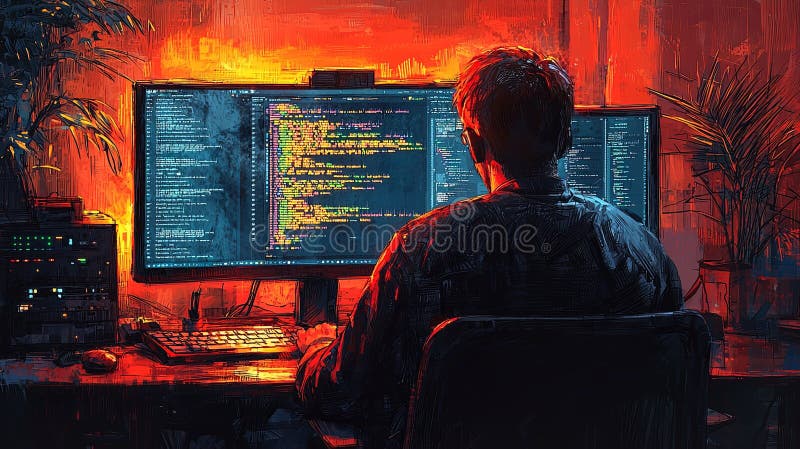 Focused Developer Working On A Computer In A Dynamic And Vibrant Workspace Stock Illustration