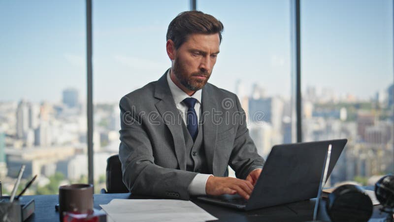 Focused Director Working Computer Analysing Report Data. Office Manager ...