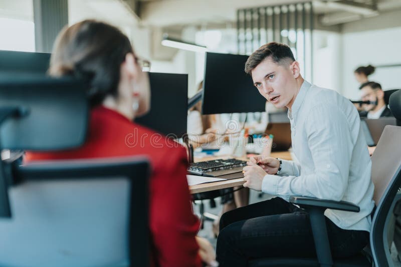 Focused Discussion between Colleagues in a Modern Office Space Stock ...