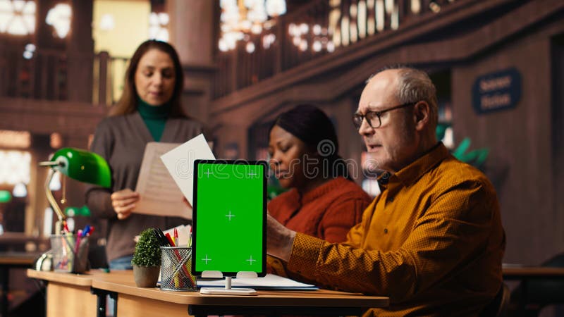 Focused Diverse People Studying in Public Library with Green Screen on ...