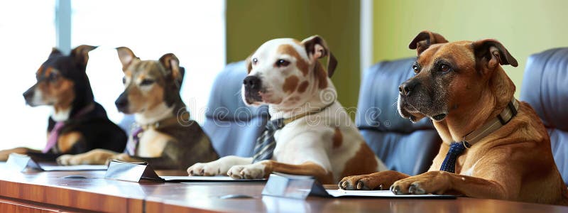 Focused Dogs As Members of Board in a Row in a Meeting. Stock ...